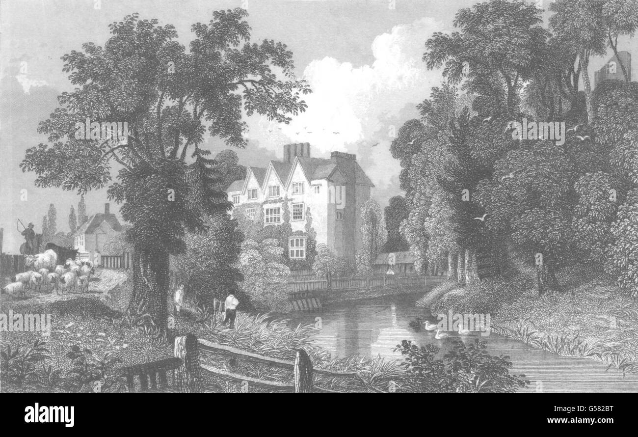 ONGAR: Moat Castle Castle House. river. cow. (Wright), antique print ...