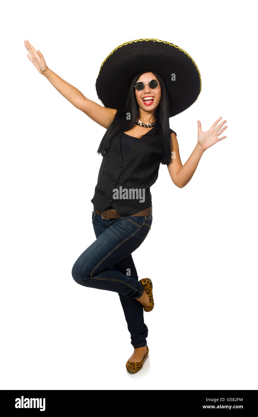Young mexican woman wearing sombrero isolated on white Stock Photo - Alamy