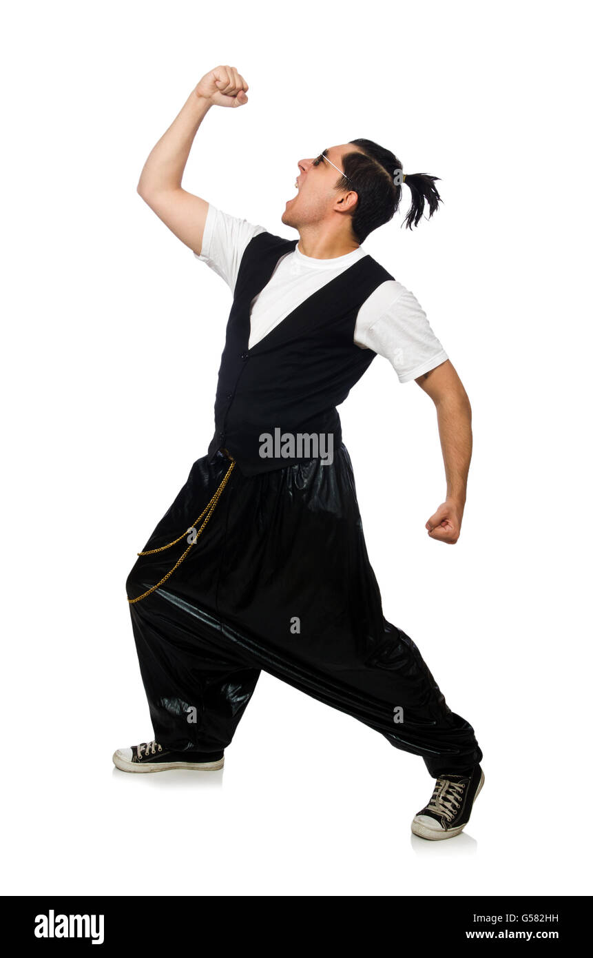 Funny young man dancing isolated on white Stock Photo - Alamy