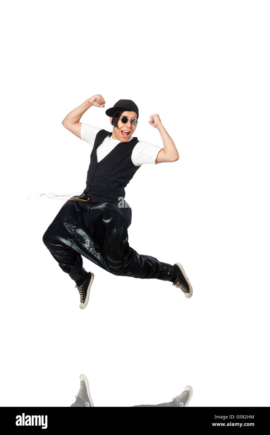 Funny young man dancing isolated on white Stock Photo - Alamy