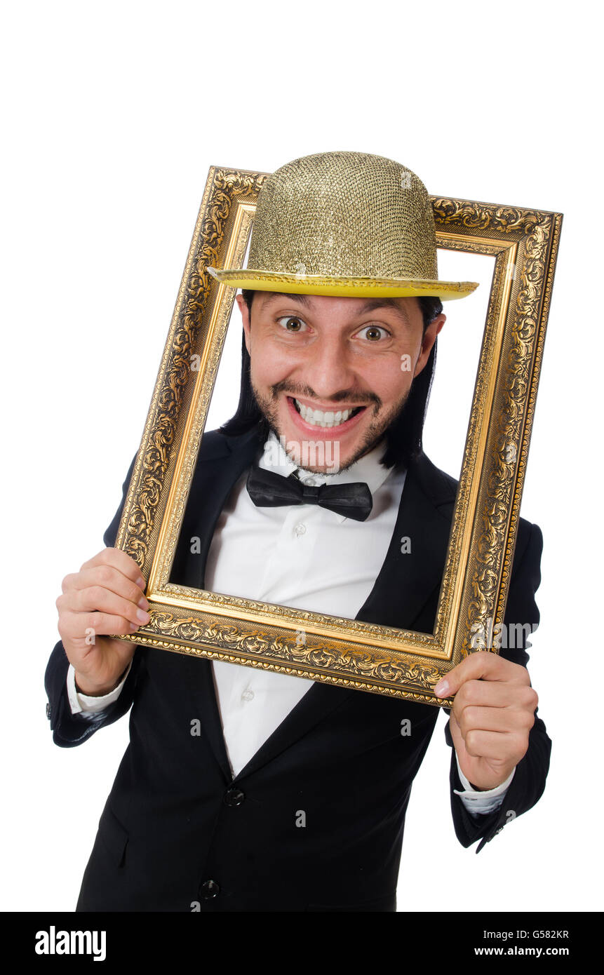 Man with picture frame isolated on white Stock Photo - Alamy