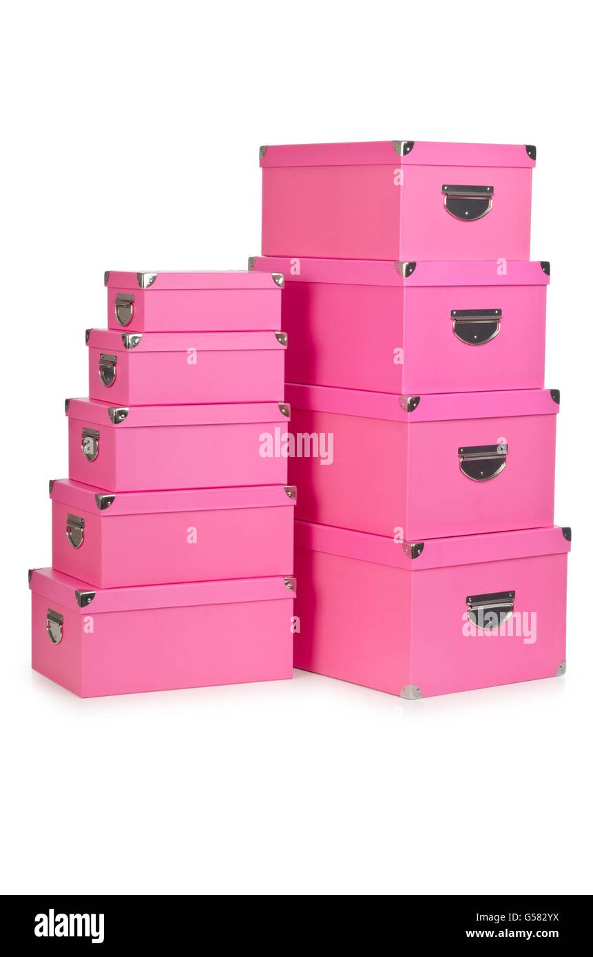 Pink giftboxes isolated on white Stock Photo - Alamy