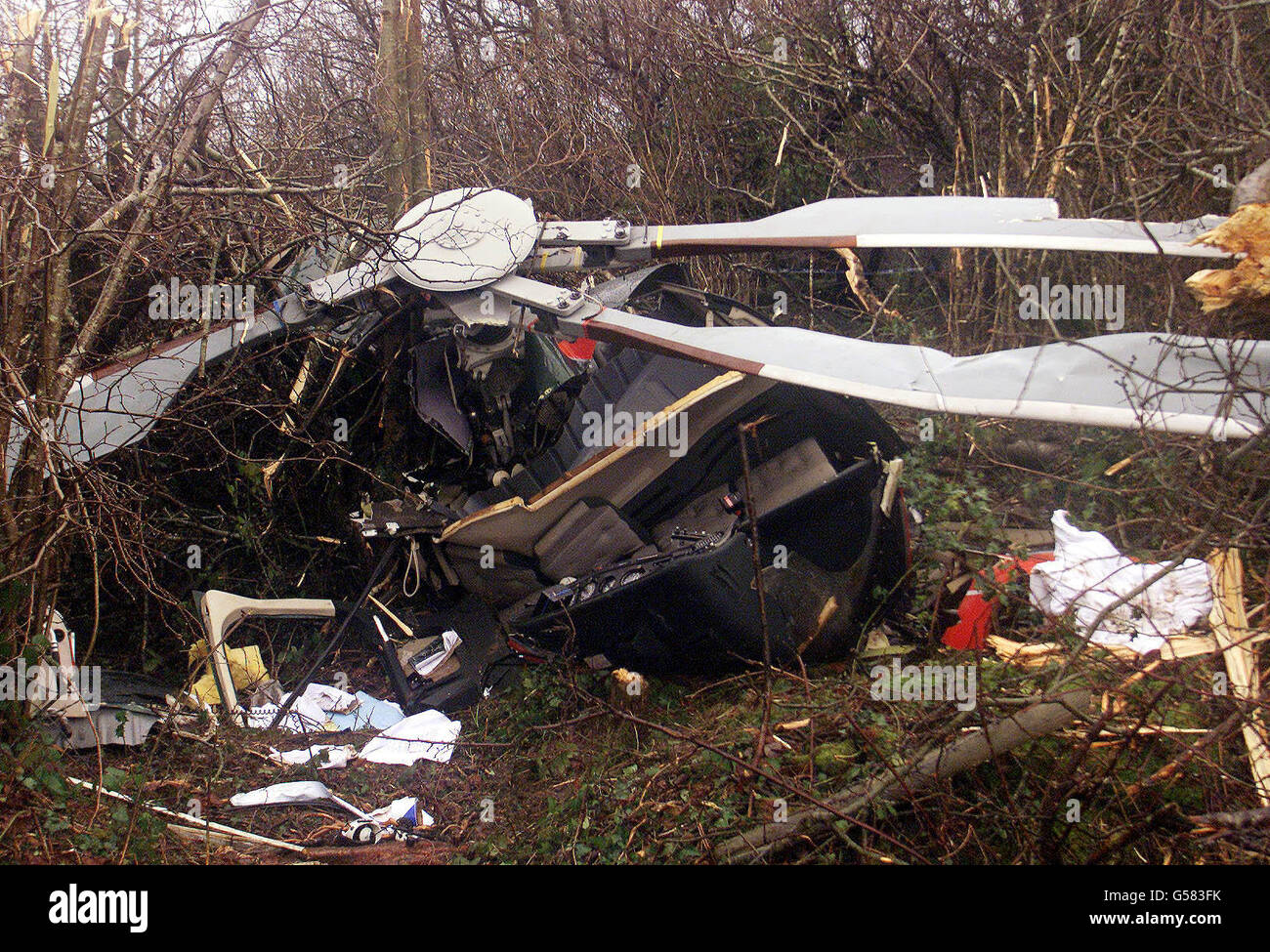 The wreckage of a helicopter which crashed near Enniskillen, Co ...