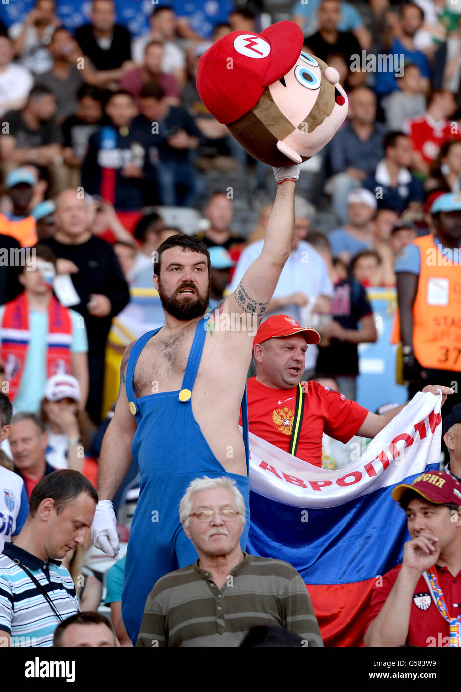 A Russia fan dressed as Super Mario in the stands before the UEFA Euro ...