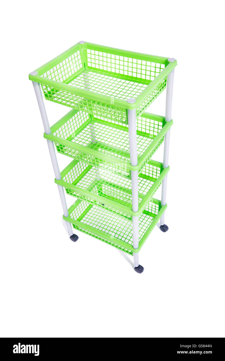 Green bin rack shelf with wheels isolated on white Stock Photo - Alamy