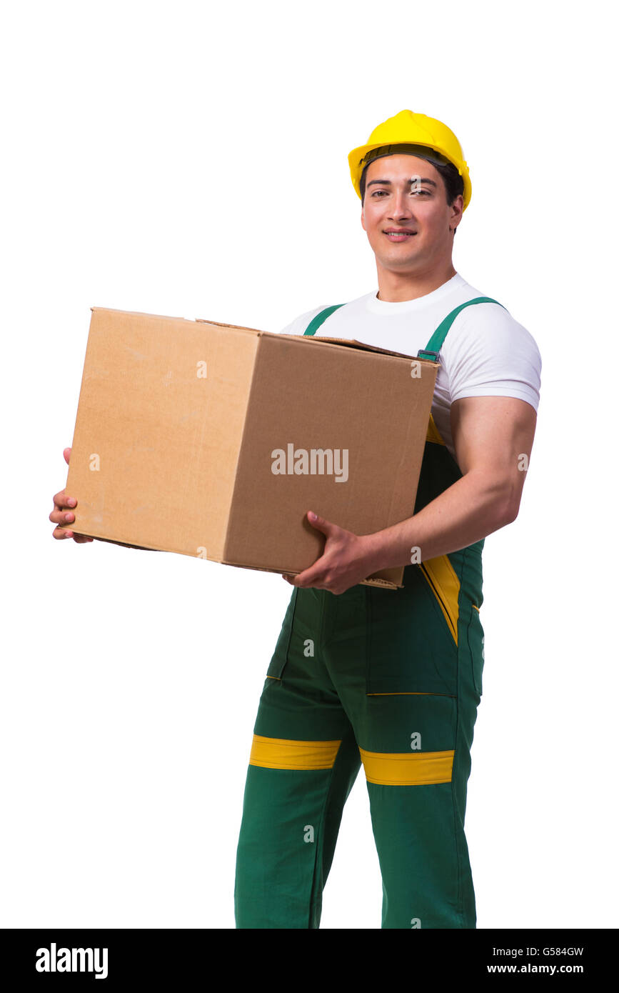 Man moving boxes isolated on the white background Stock Photo - Alamy