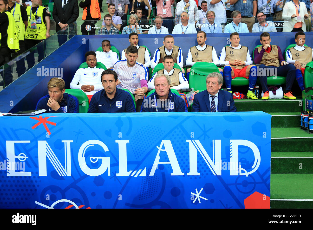 England's management and players in the dugout during the UEFA Euro ...