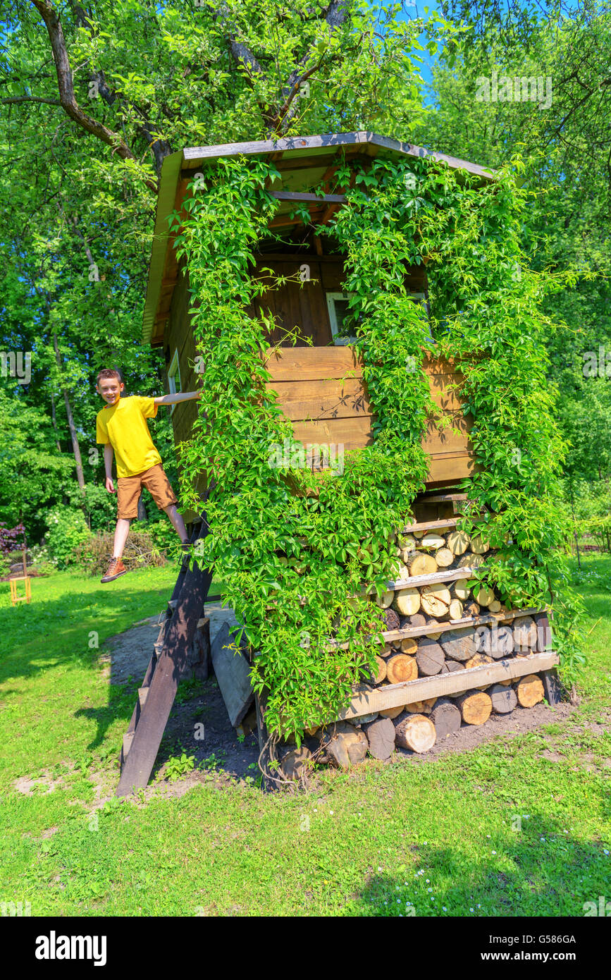 Smiling boy on treehouse. Summer time! Stock Photo - Alamy