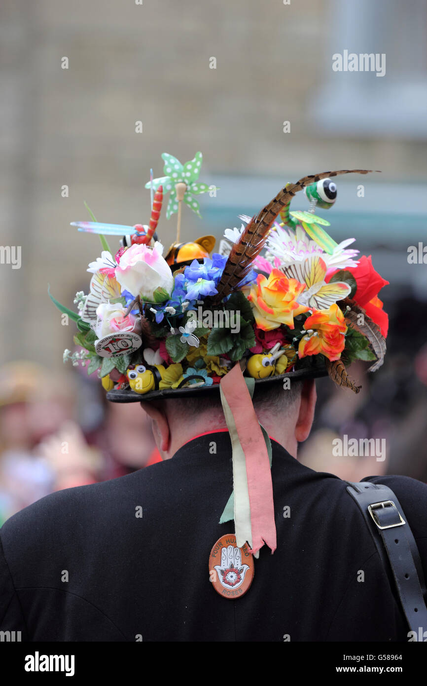 Headdress of musician accompanying 400 Roses dance troop dancing in St ...