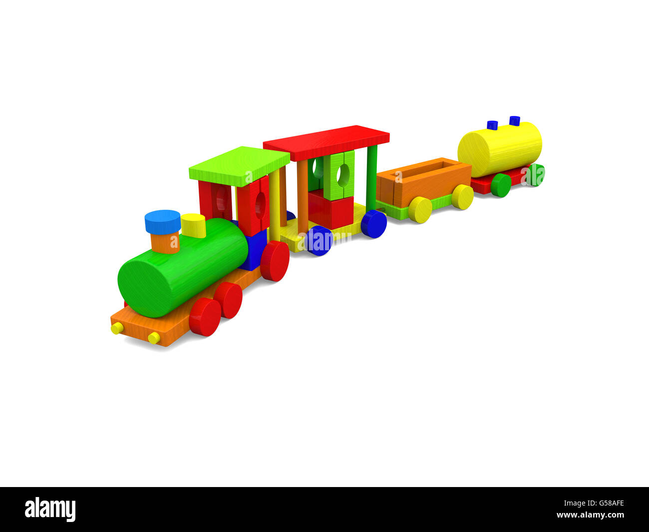 Colorful wooden toy train isolated on white background. 3D illustration ...
