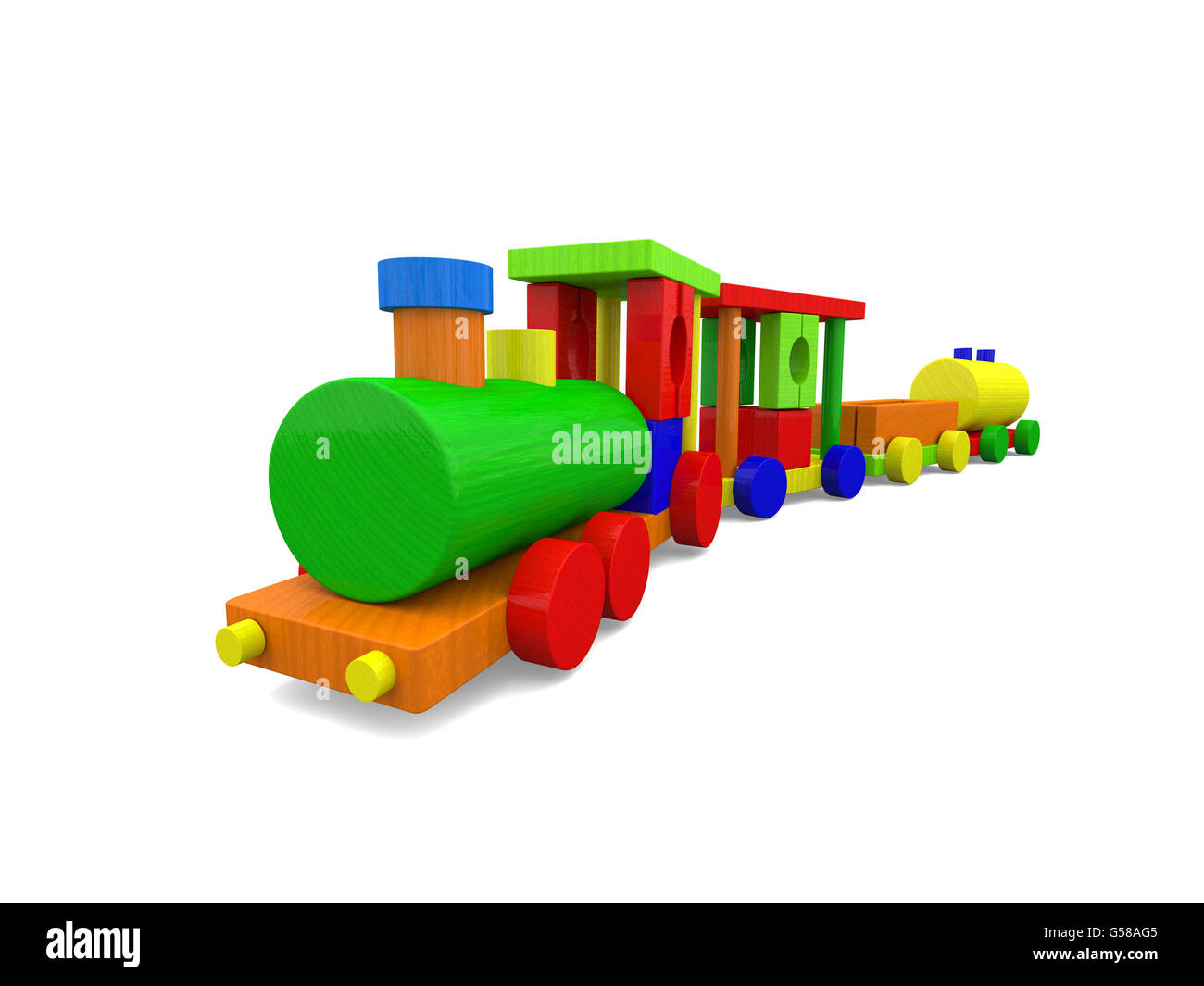 Small colorful toy train isolated on white background. 3D rendering ...