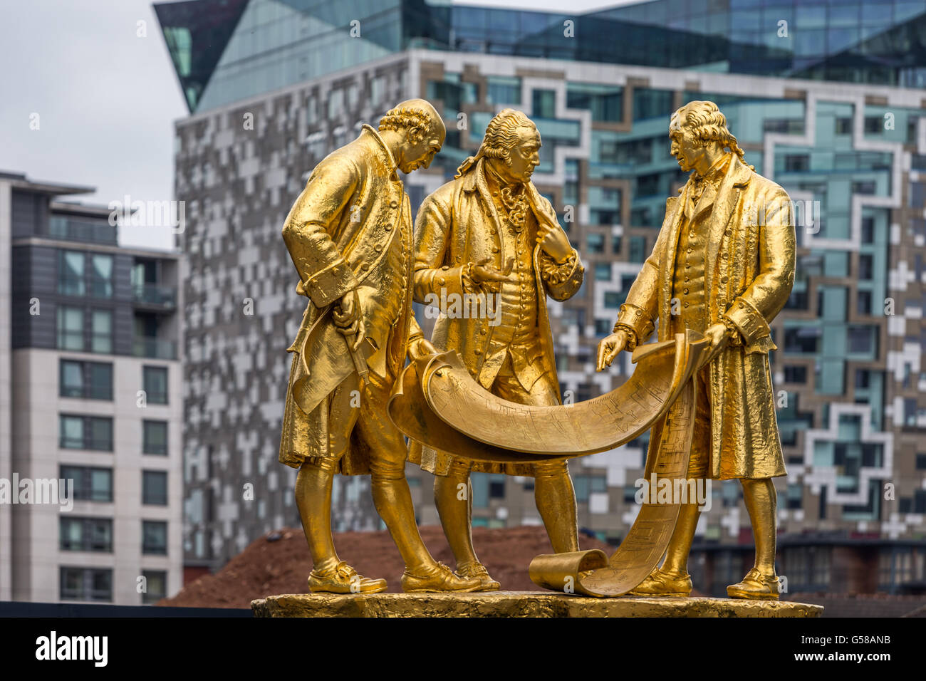 Golden stature of Murdock, Boulton and Watt on Broad Street, Birmingham ...