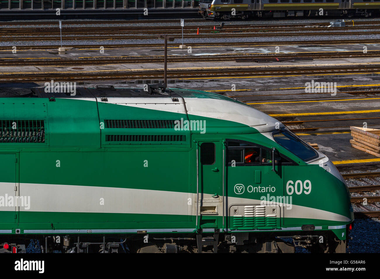 GO Transit Locomotive heading towards Toronto Union Station Stock Photo ...