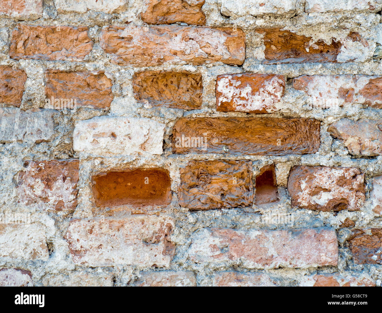 Vintage grunge uneven red brick wall with sprinkled white plaster ...