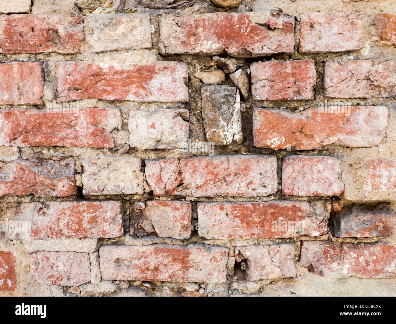 Vintage grunge uneven red brick wall with sprinkled white plaster ...