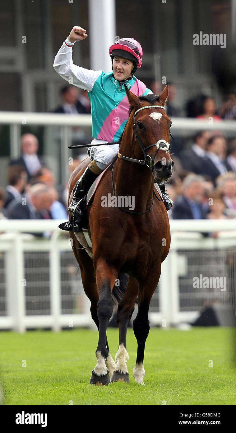 Tom Queally celebrates his victory on Frankel in the Queen Anne Stakes ...