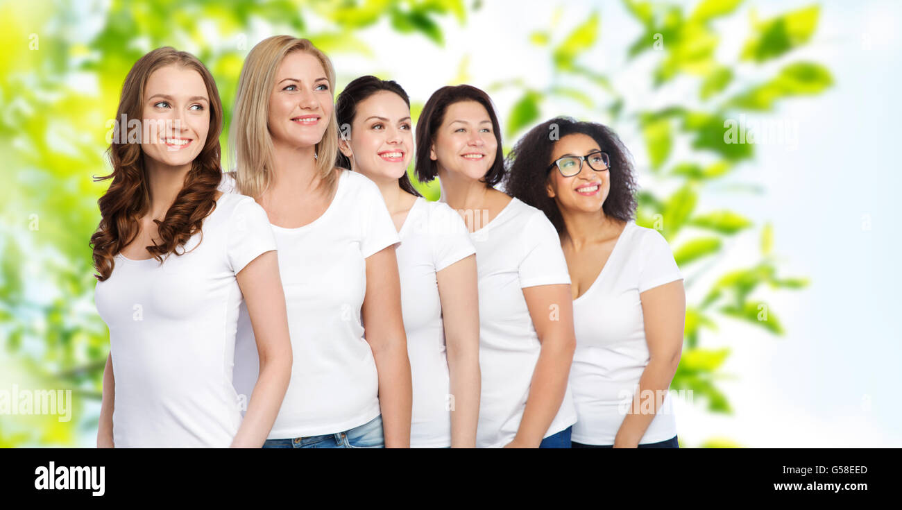 group of happy different women in white t-shirts Stock Photo - Alamy