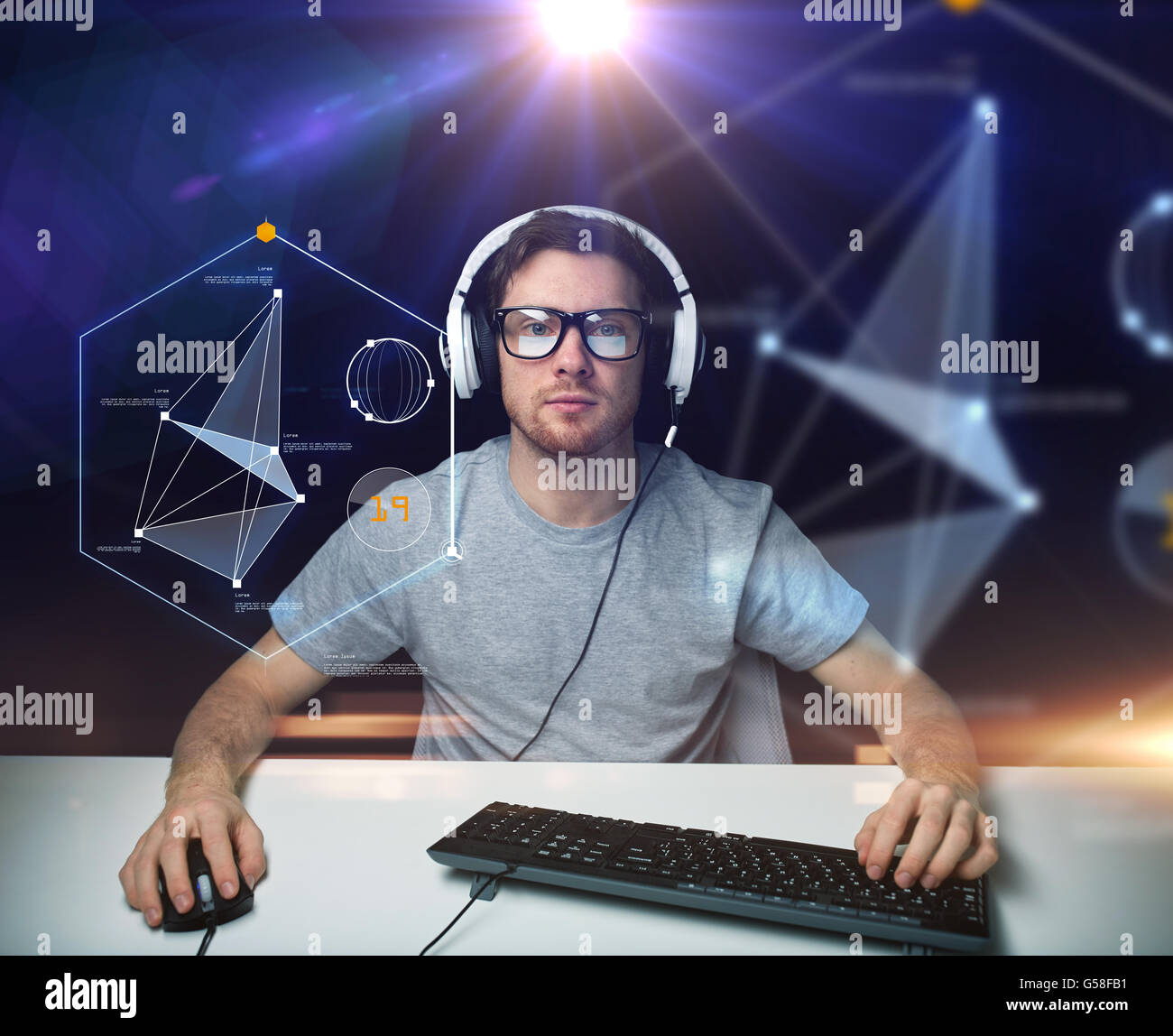 man in headset with computer virtual projections Stock Photo - Alamy