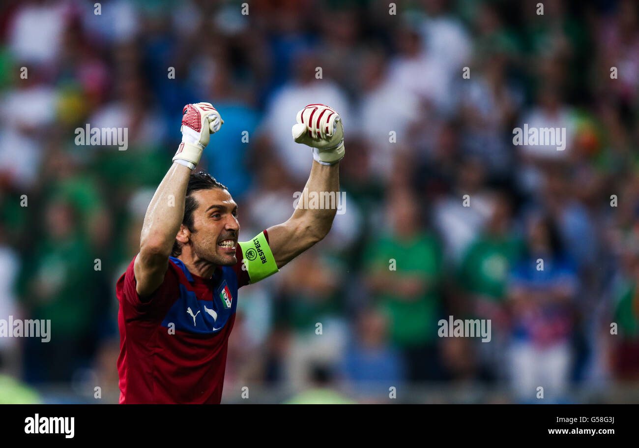Italy's captain Gianluigi Buffon celebrates their opening goal Stock ...