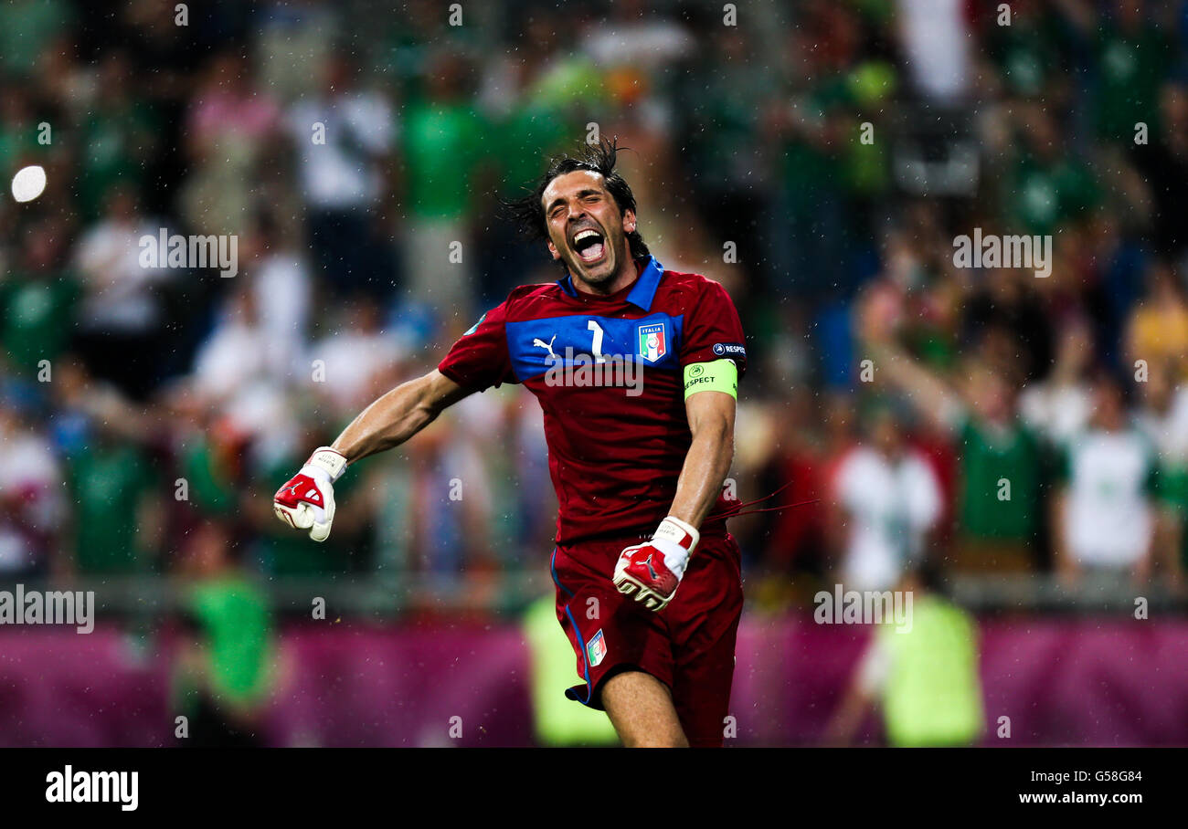 Italy's goalkeeper Gianluigi Buffon celebrates at the end of the match ...