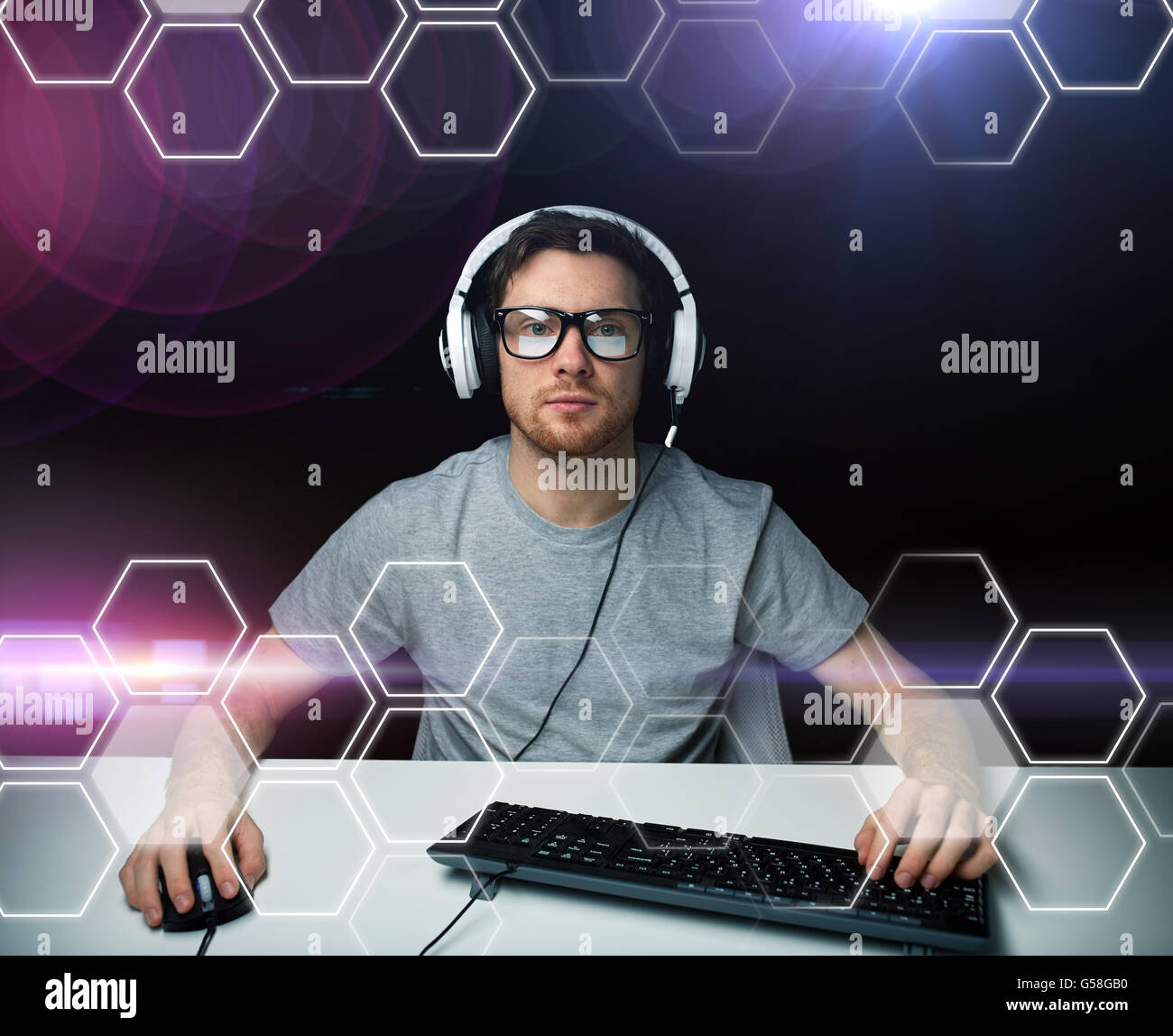 man in headset computer over hexagons projection Stock Photo - Alamy