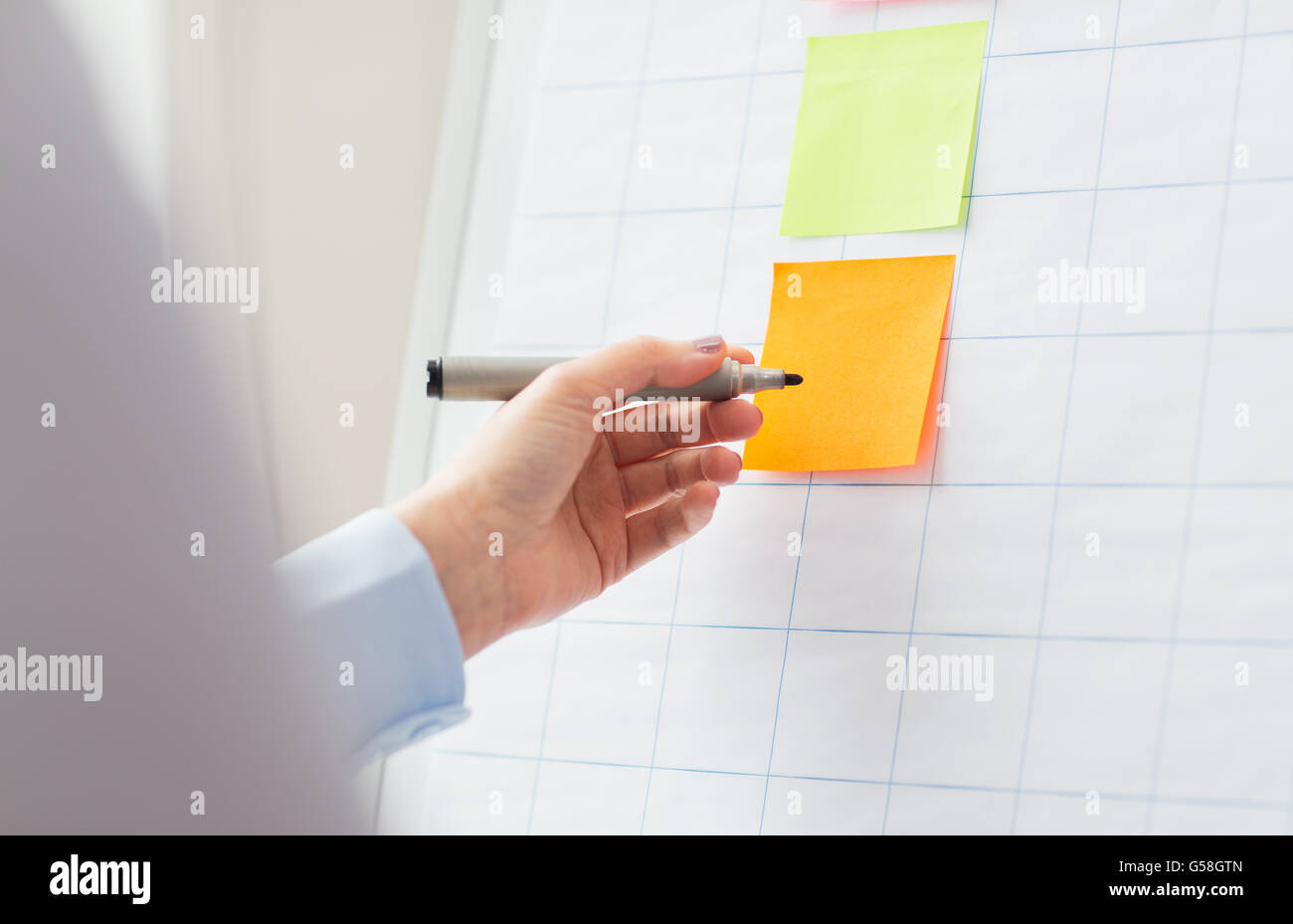 close up of hand drawing on sticker at flip chart Stock Photo - Alamy