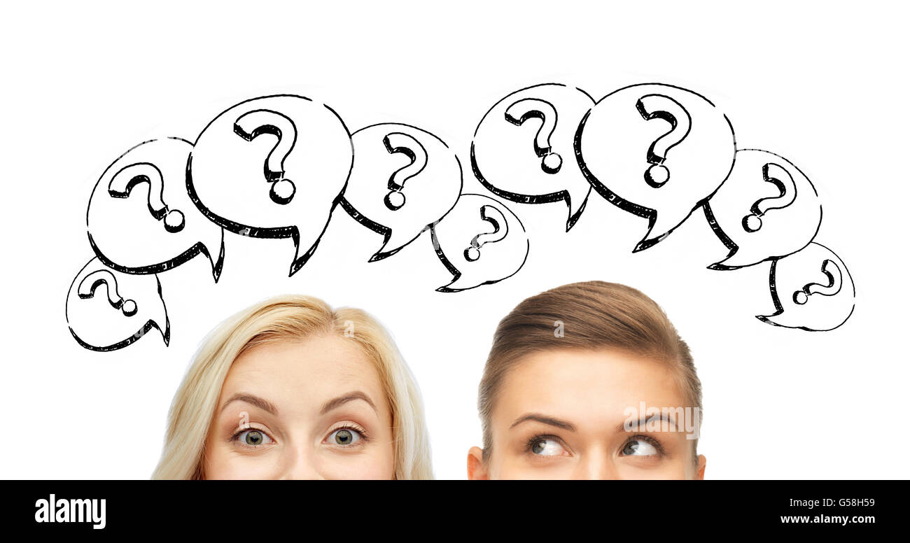 happy young women faces with question marks Stock Photo - Alamy