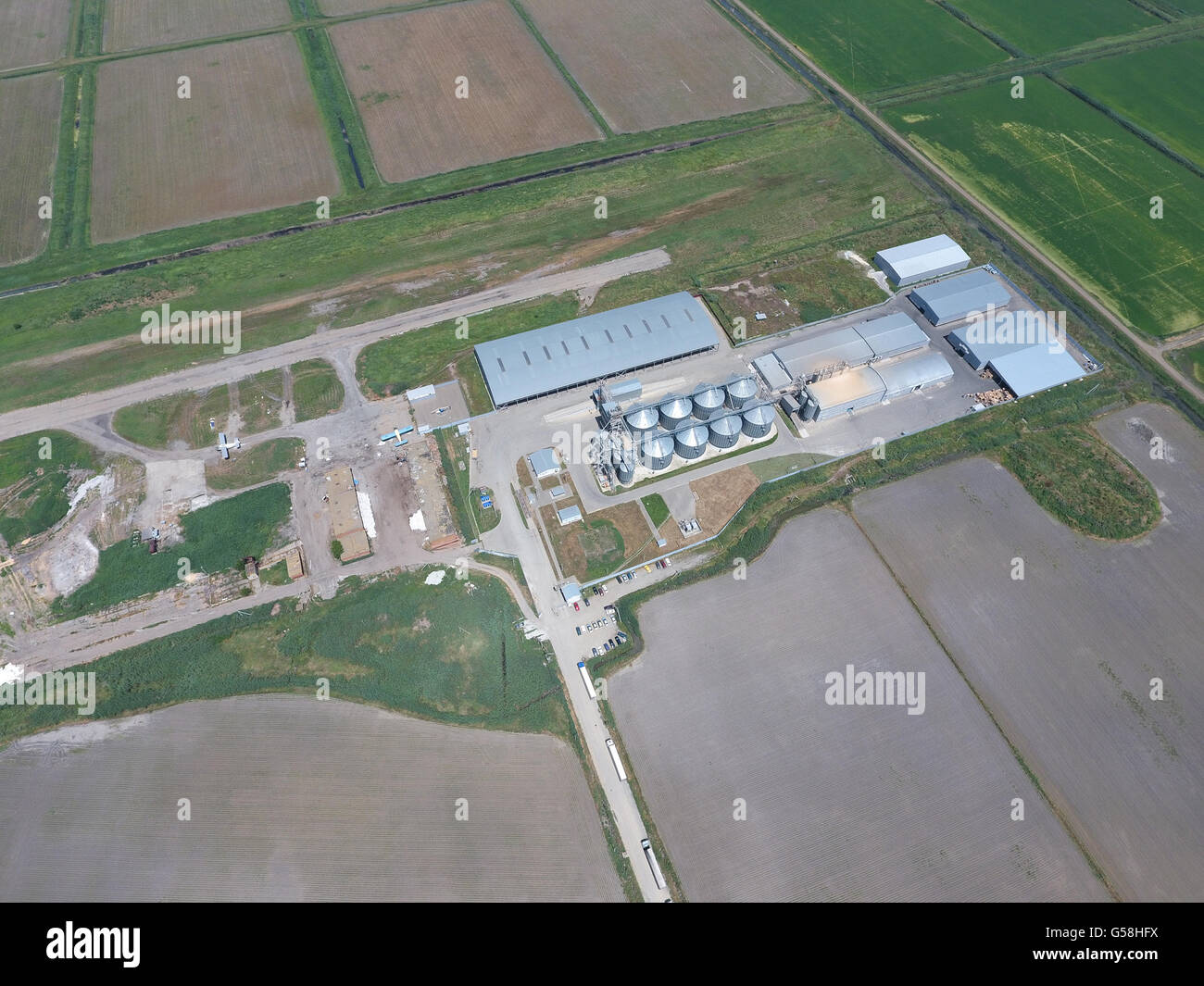 Plant for the drying and storage of grain. Rice plant in the middle of ...