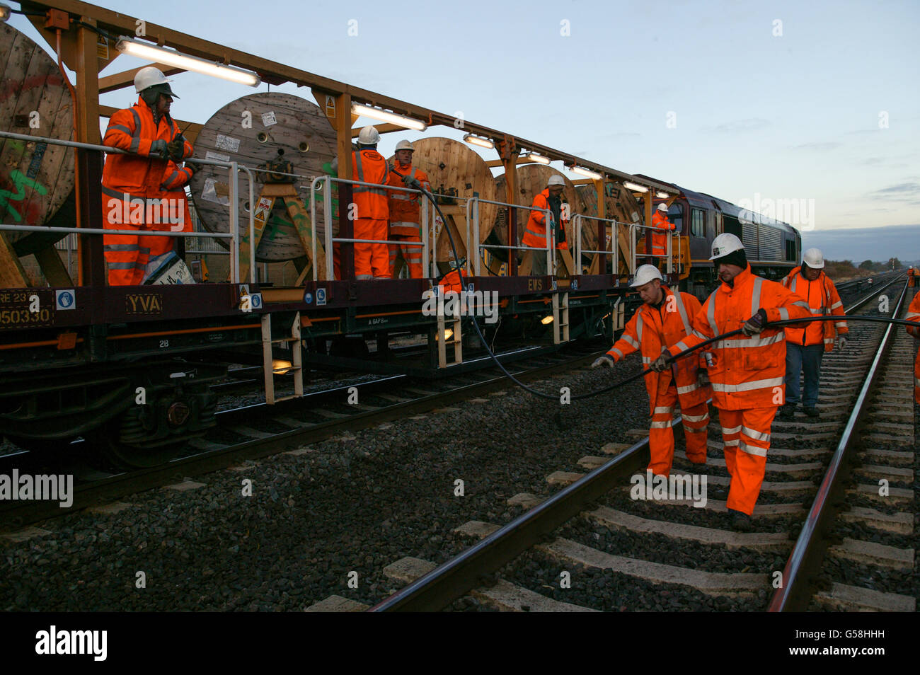 Cable laying train at Fenny Compton during the re signalling of the ...