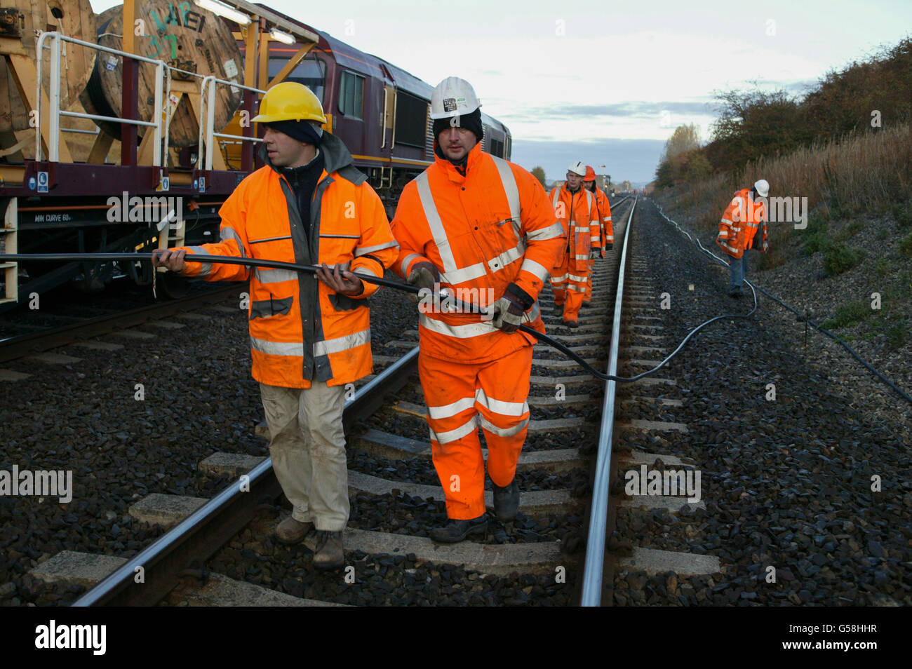 Cable laying train at Fenny Compton during the re signalling of the ...