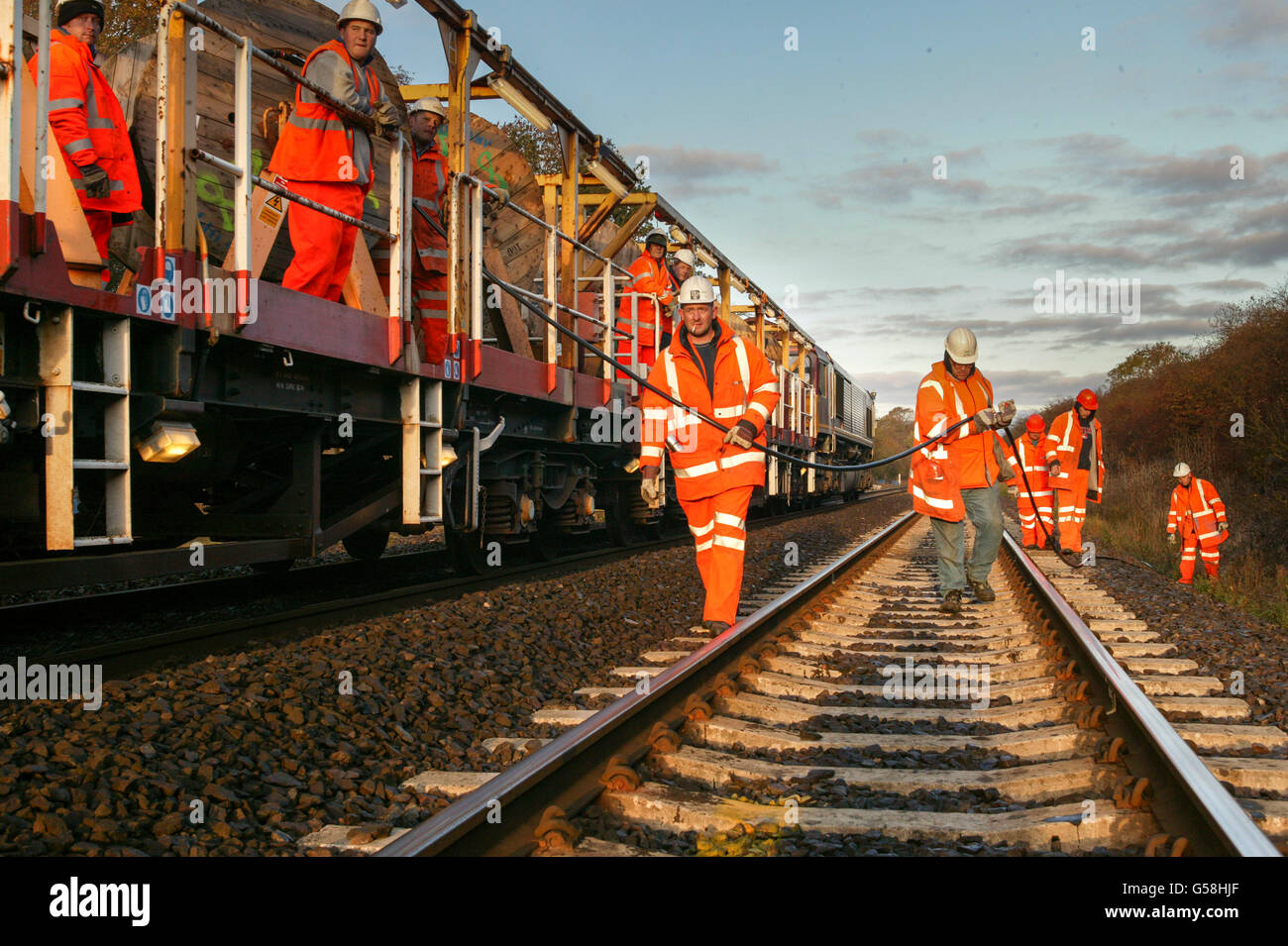 Cable laying train at Fenny Compton during the re signalling of the ...