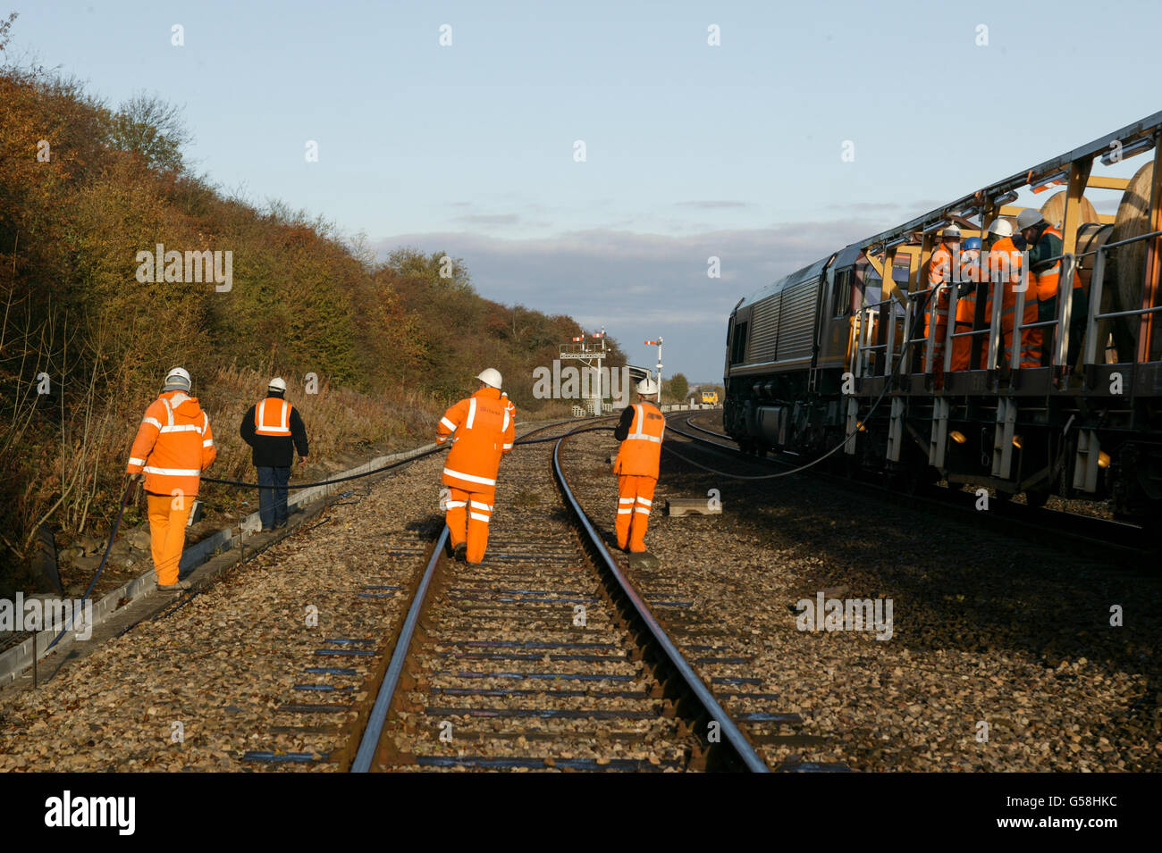 Cable laying train at Fenny Compton during the re signalling of the ...