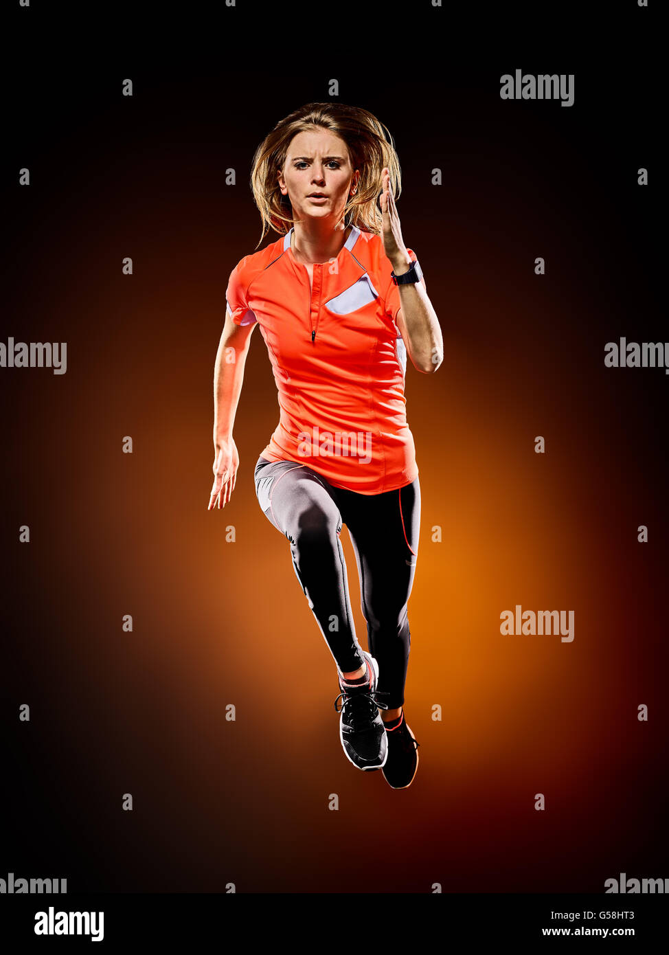 one caucasian young woman runner running jogger jogging isolated on ...