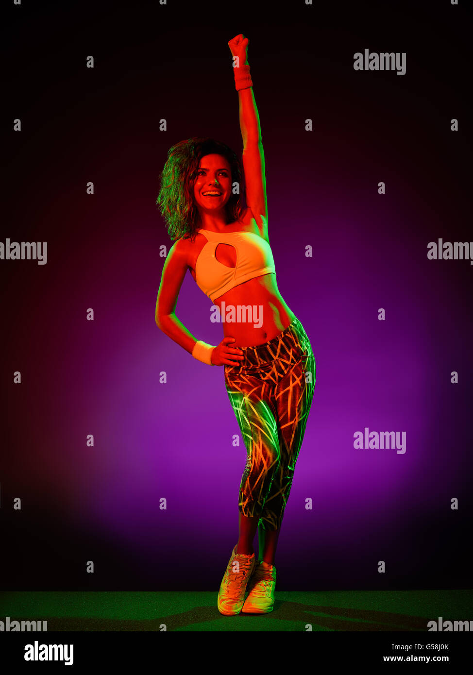 one caucasian woman zumba dancer dancing fitness exercises isolated on ...