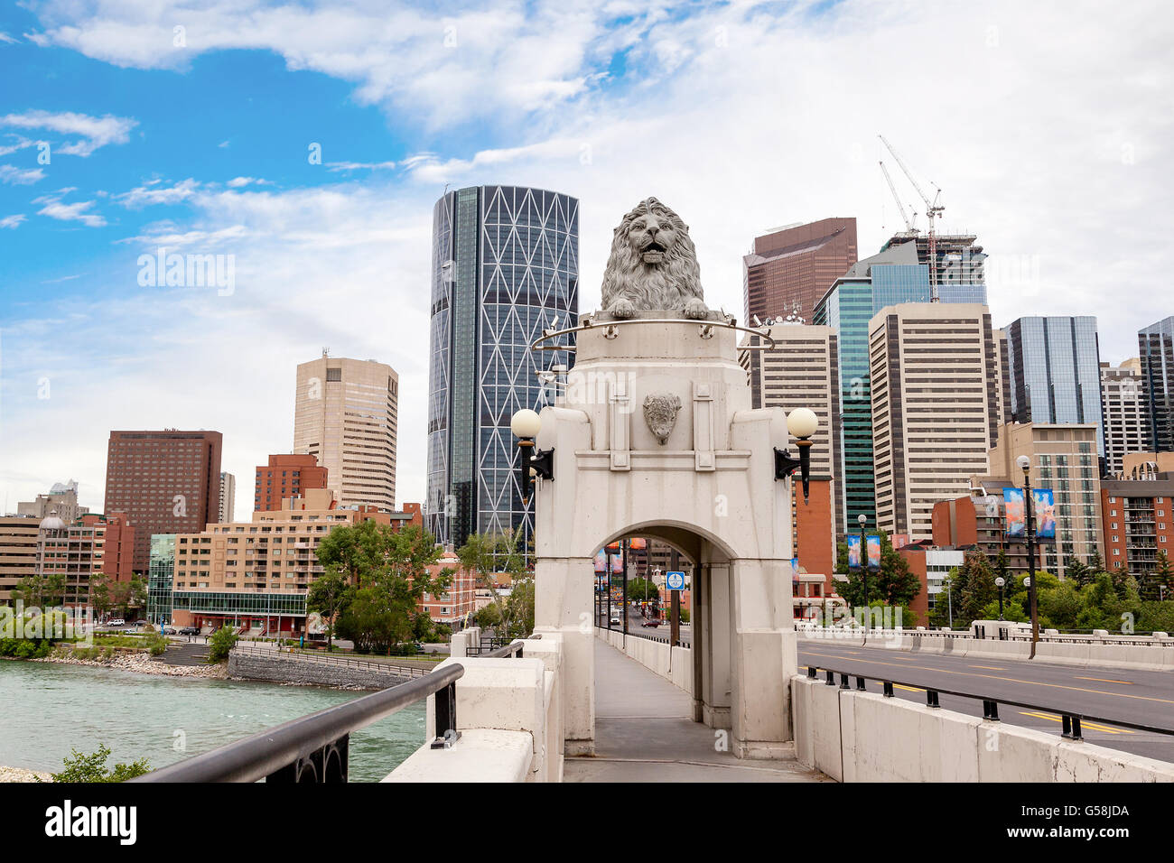 Calgary downtown showing Centre Street Bridge across the Bow River and ...