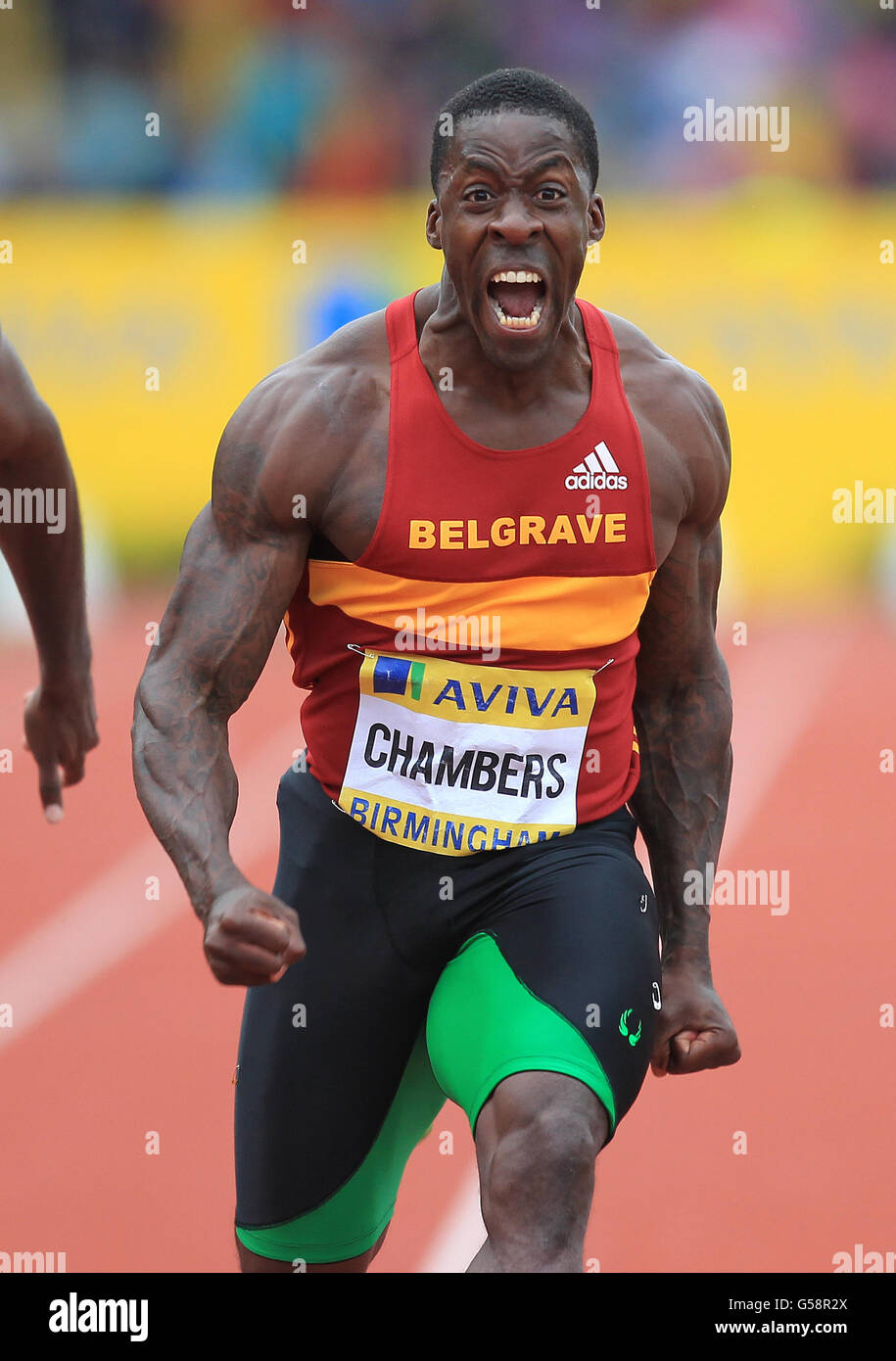 Dwain Chambers celebrates winning the mens 100m final during the Aviva ...