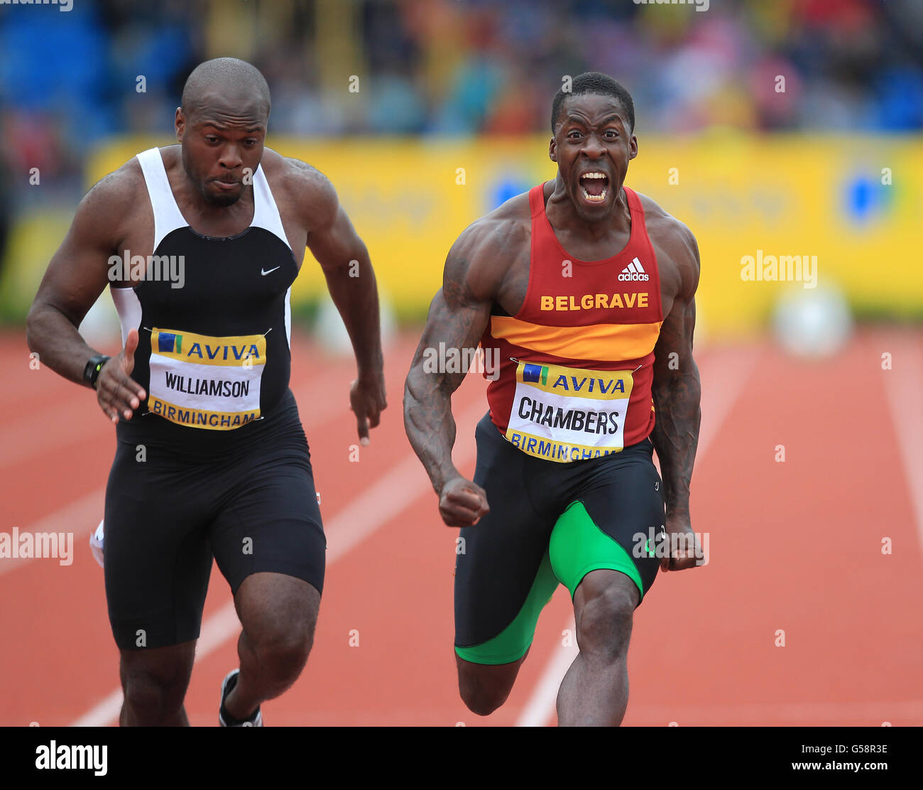 Dwain Chambers celebrates winning the mens 100m final during the Aviva ...