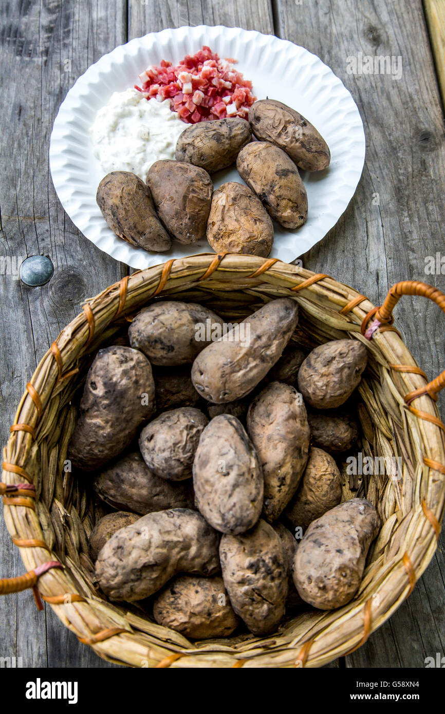 Potatoes, baked in the embers of a campfire, food, burning ash, glow ...
