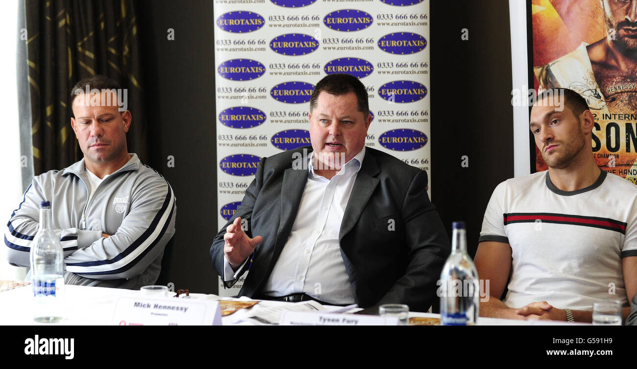 (left to right) Vinny Maddalone, Promoter Mick Hennessy and Tyson Fury ...