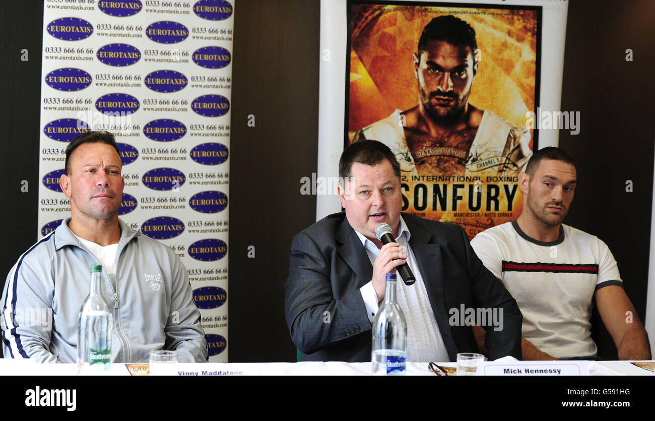 (left to right) Vinny Maddalone, Promoter Mick Hennessy and Tyson Fury ...