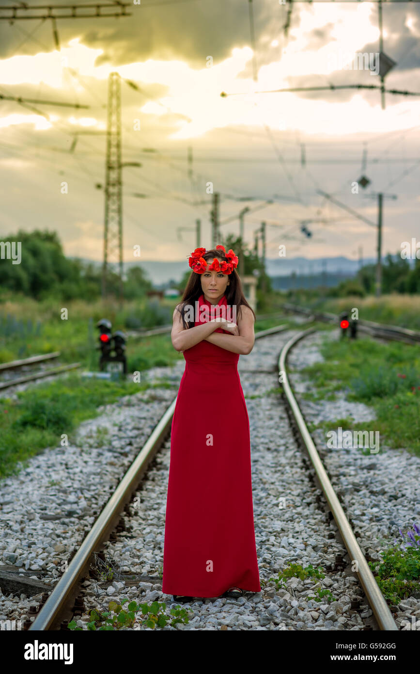 Beautiful girl on train tracks hi-res stock photography and images - Alamy