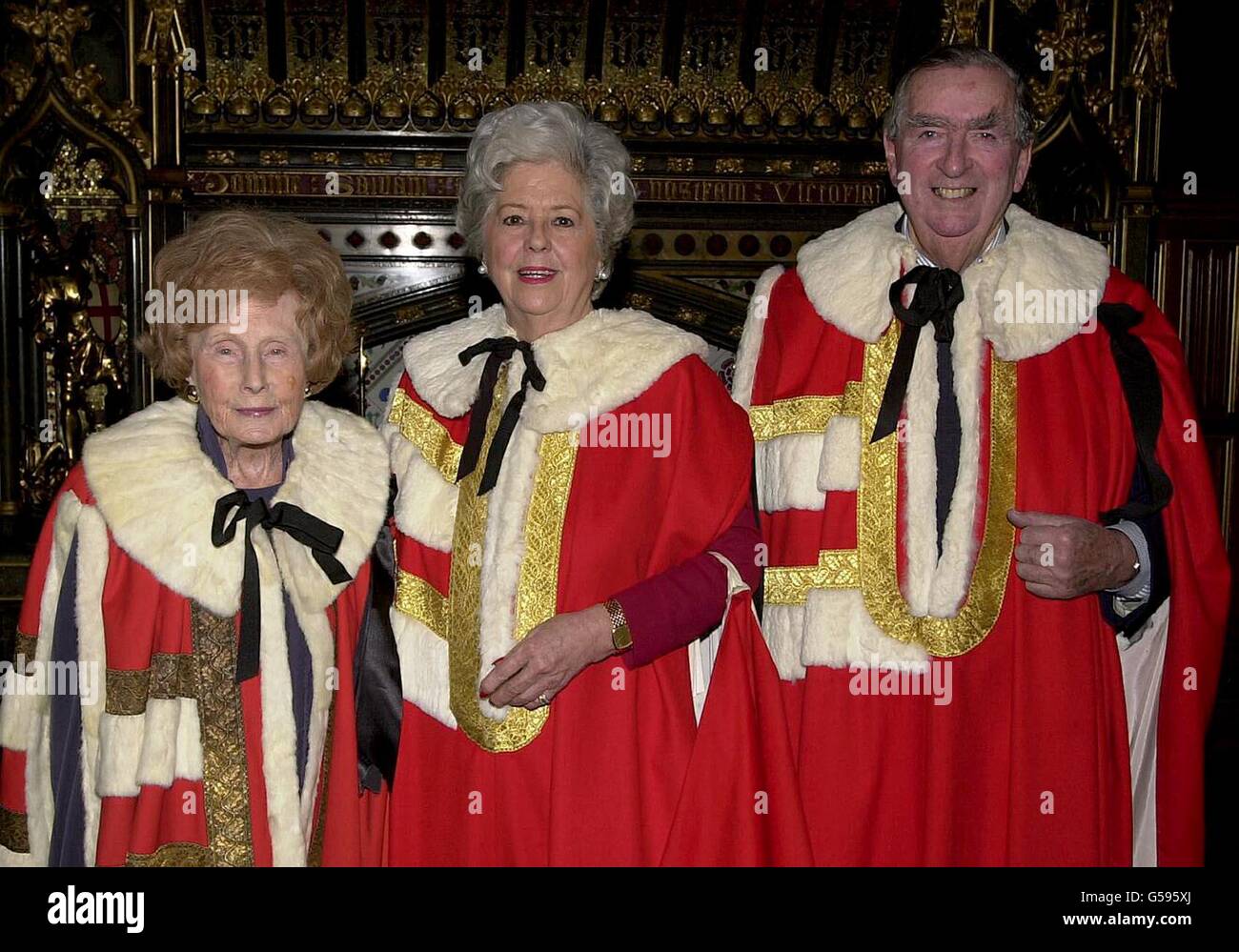Fomer speaker of the House of Commons Baroness Boothroyd (centre) dons ...