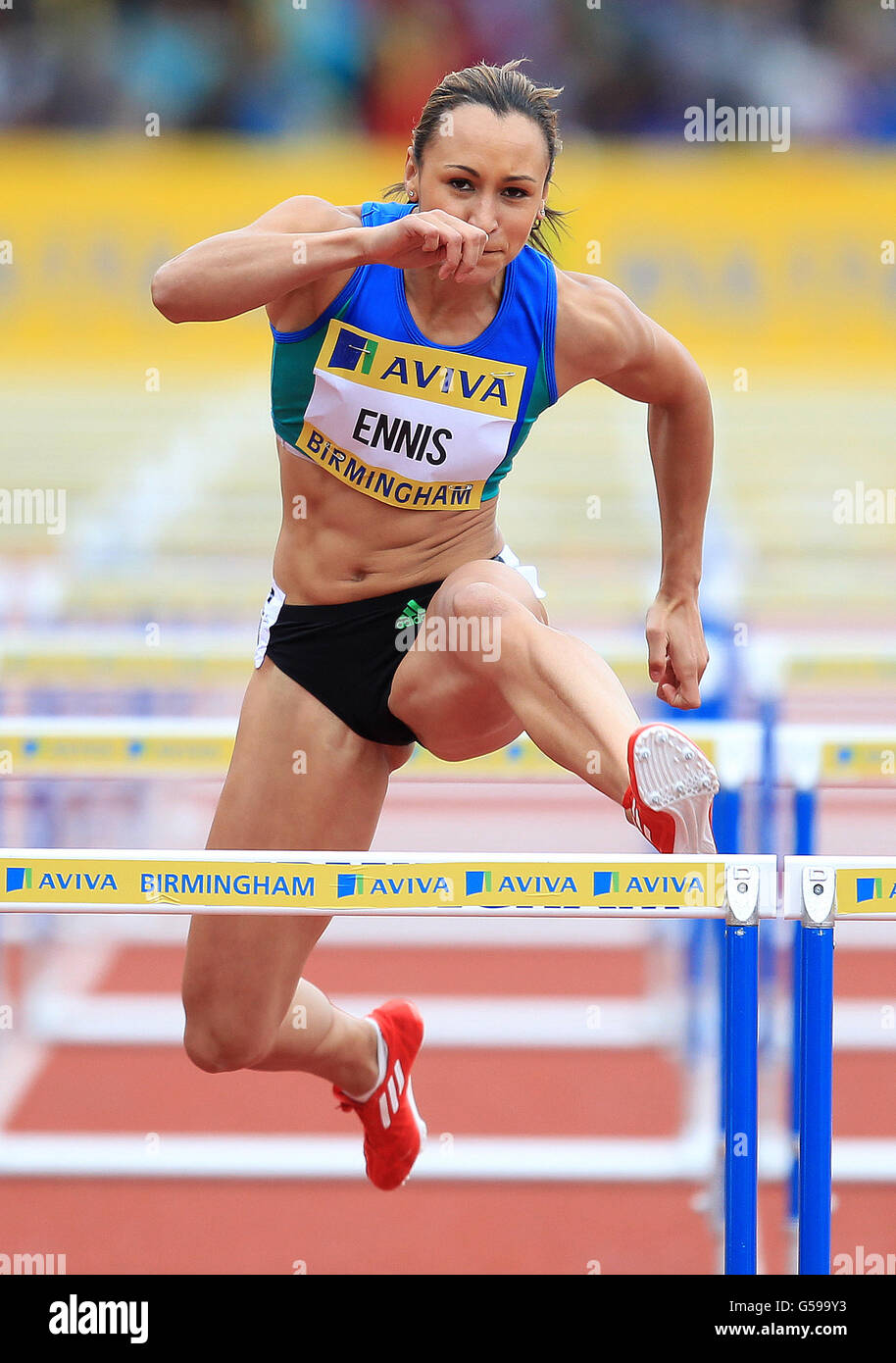 Jessica Ennis jumps a hurdle in the womens 100m hurdles semi final ...