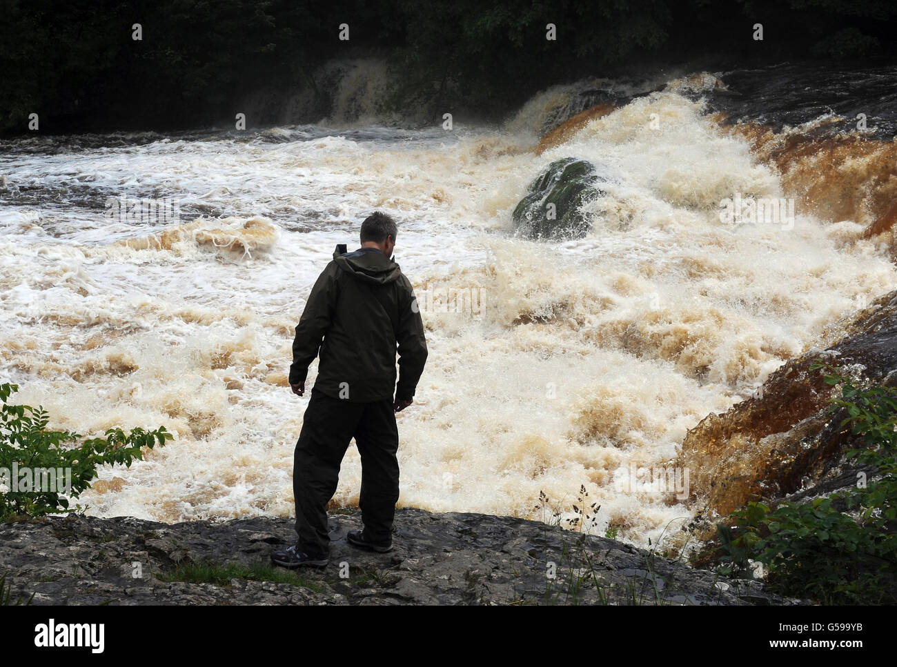 The fast flowing River Ure at Aysgarth Falls in the Yorkshire Dales ...