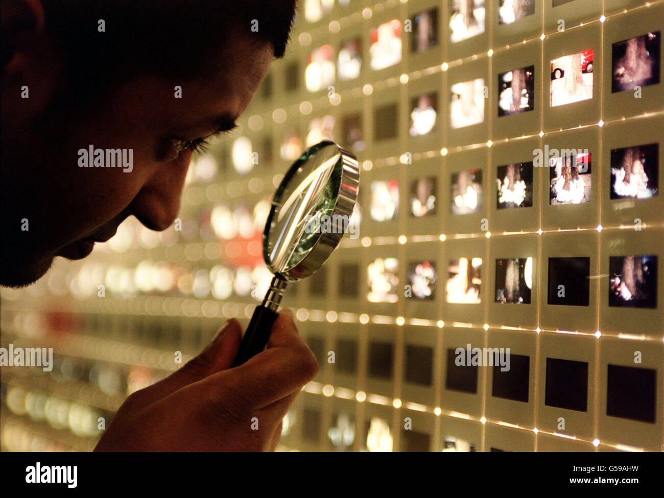 A visitor takes a closer look at 35mm film transparencies by Artist ...