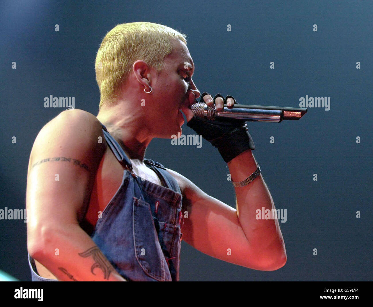 American rap singer Eminem performing on stage at the Manchester ...