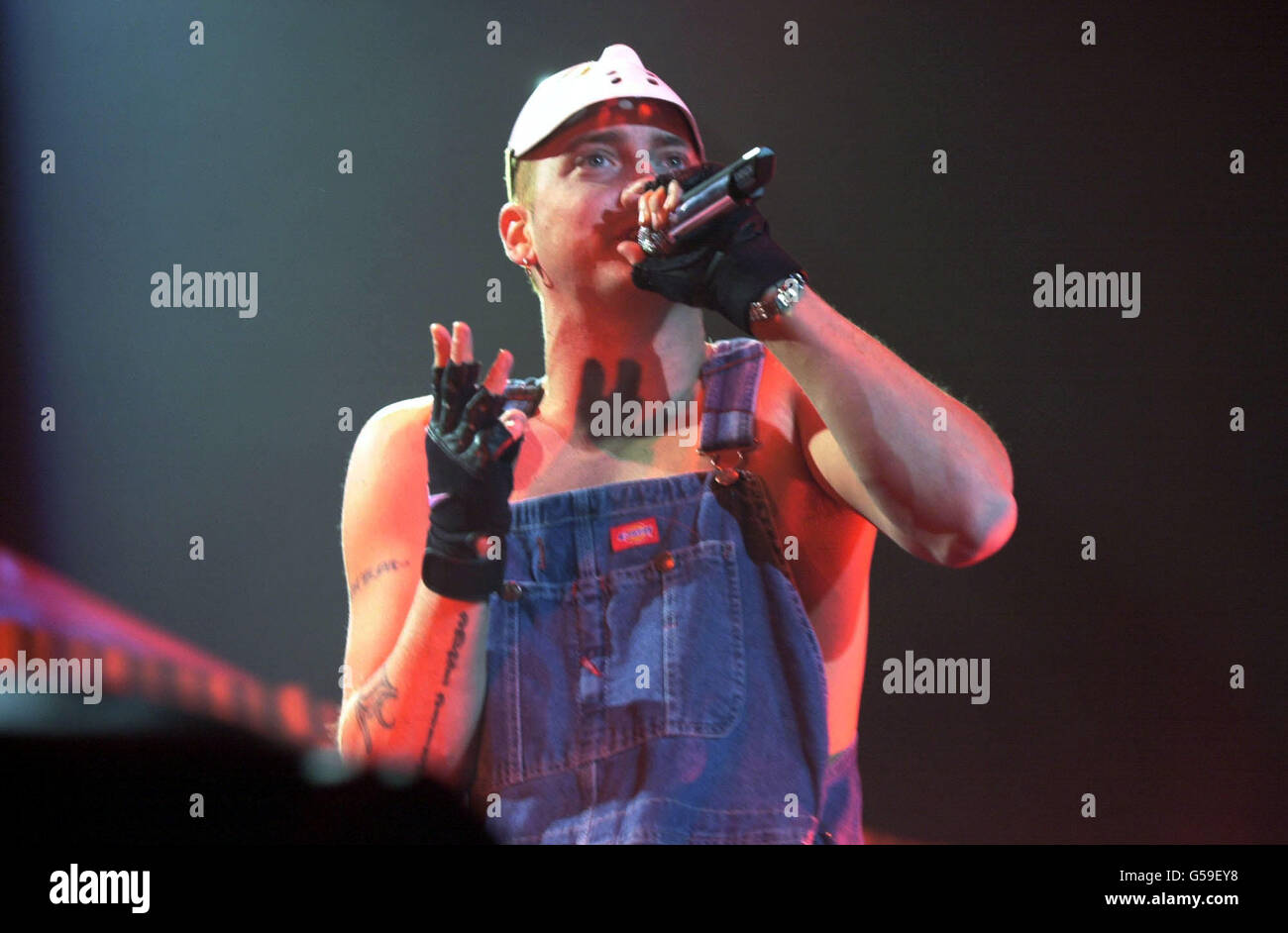 American rap singer Eminem performing on stage at the Manchester ...