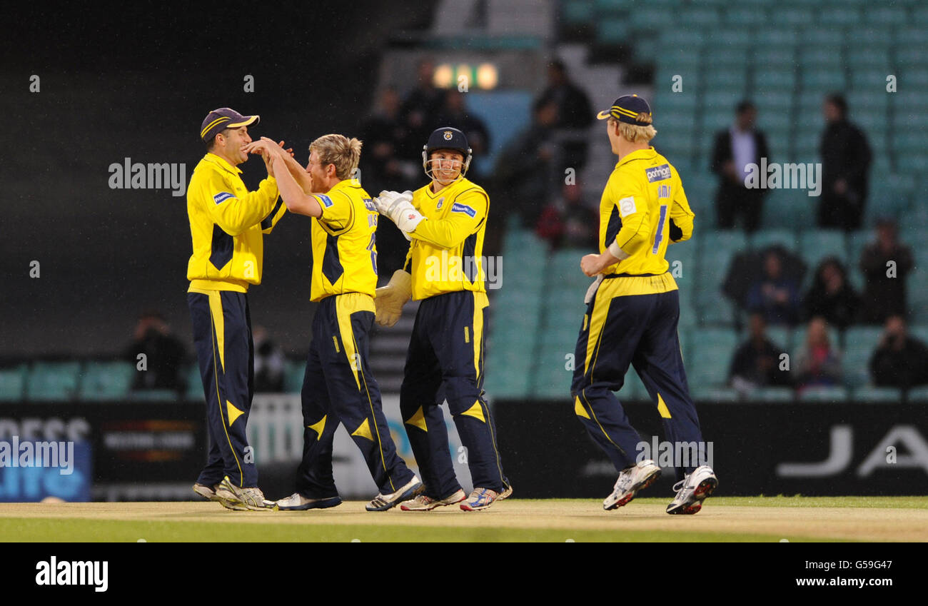 Hampshire Royals' Jimmy Adams celebrates catching Surrey Lions' Kevin ...