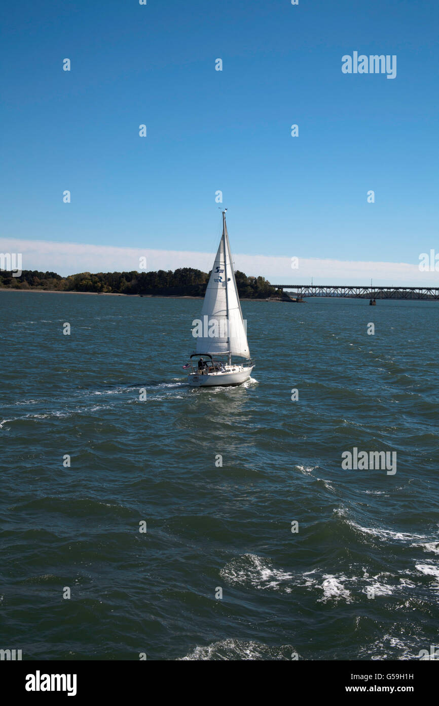 Yacht sailing around Boston harbor and islands an area of Massachusetts ...