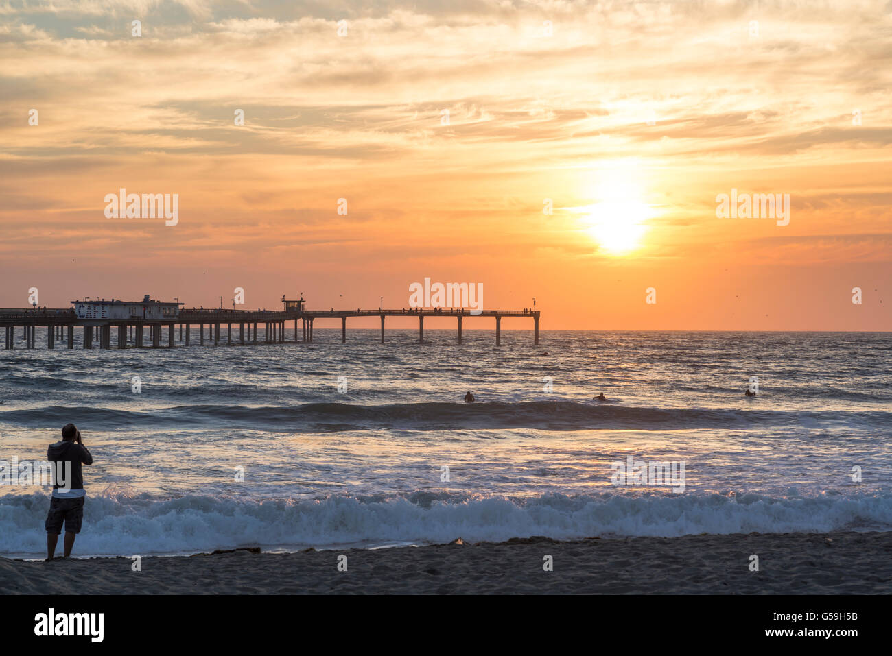 sunset, ocean, pier, beach. Ocean Beach, San Diego, California Stock ...